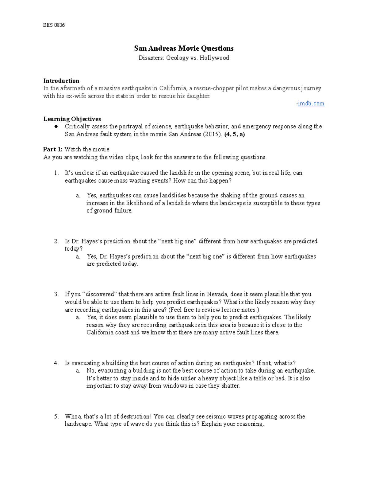 Mq san andreas - homework - EES 0836 San Andreas Movie Questions ...