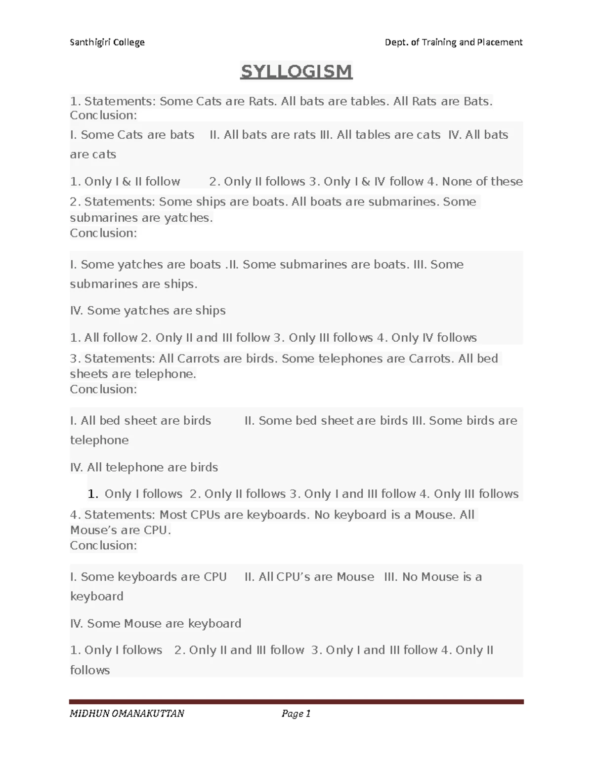 Syllogism - Lecture notes - SYLLOGISM Statements: Some Cats are Rats ...