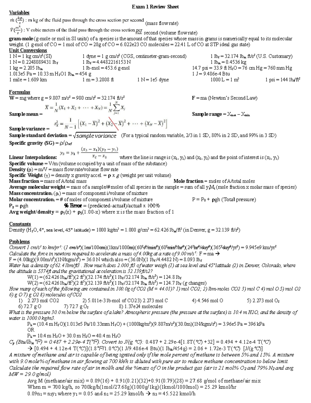 Test 1 Review Sheet - Exam 1 Review Sheet Variables (mass flow rate ...