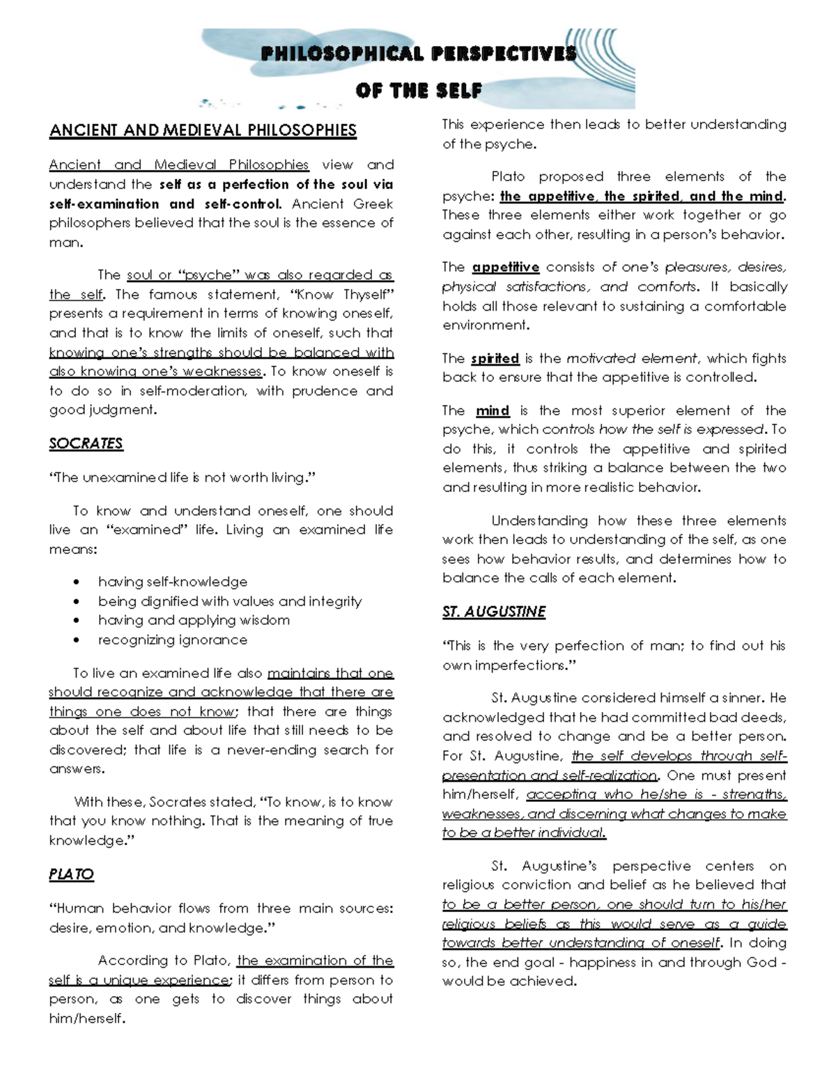 PHILOSOPHICAL PERSPECTIVES - ANCIENT AND MEDIEVAL PHILOSOPHIES Ancient ...