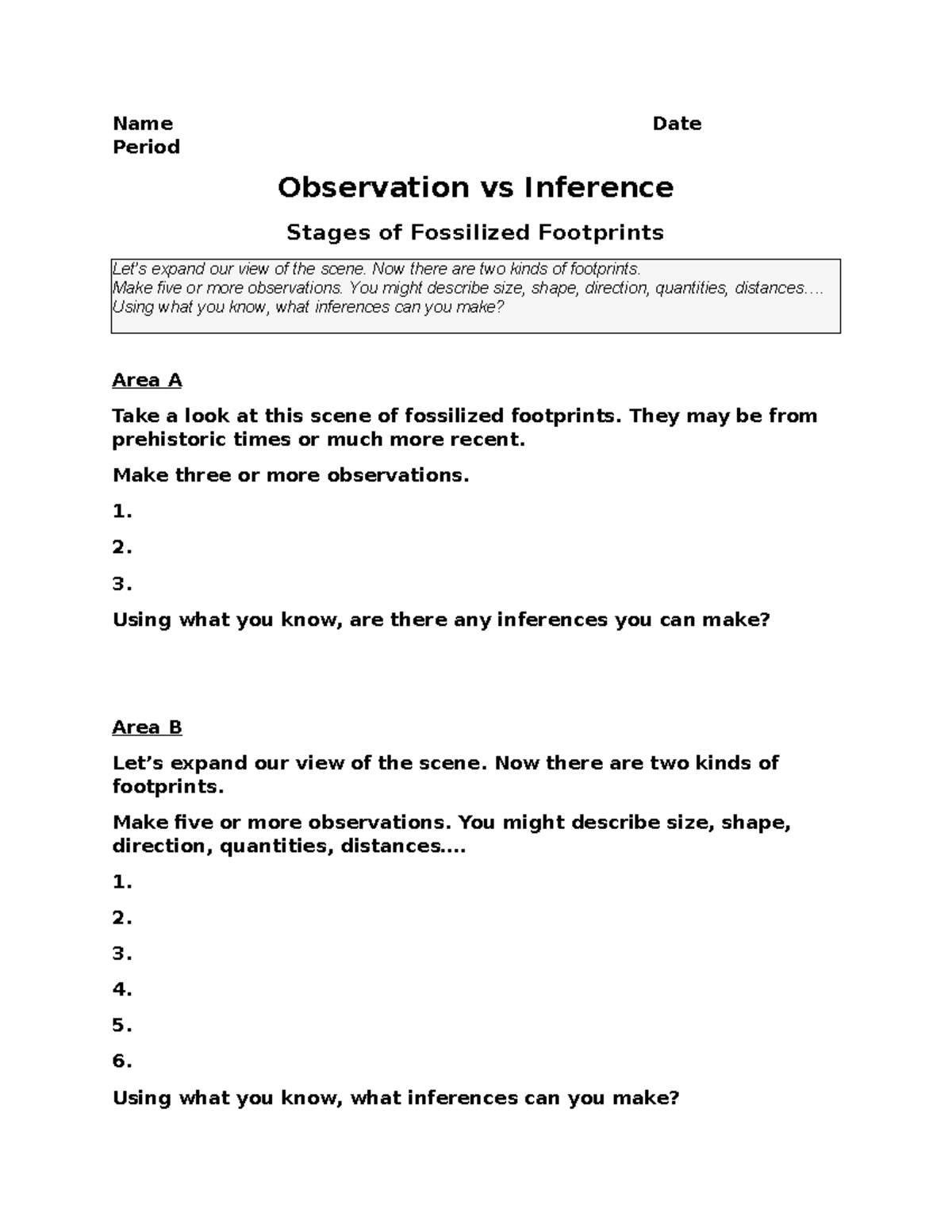 Fossilized Footprints Observation v Inference - Name Date Period ...