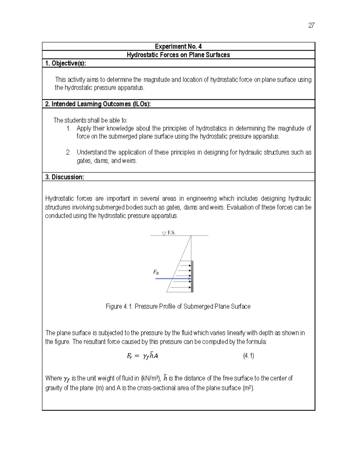 Experiment 5 Hydrostatic Forces on Plane Surfaces - Experiment No. 4 ...