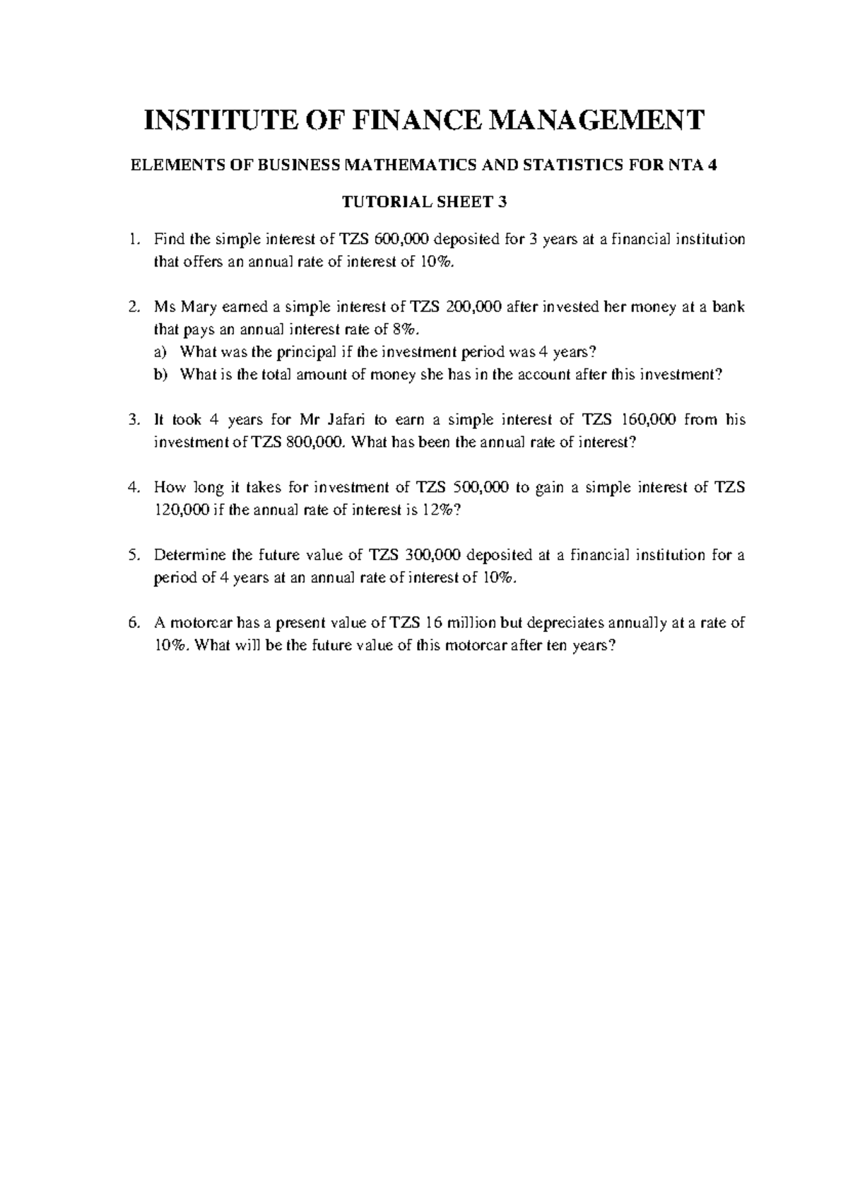 Elements OF Maths AND Stats T3 - INSTITUTE OF FINANCE MANAGEMENT ...
