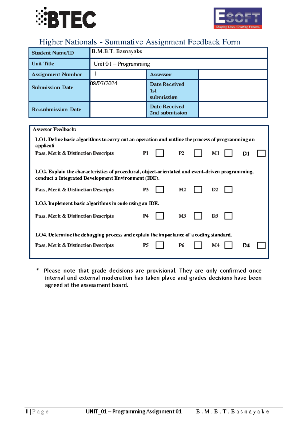Esoft Hnd In Computer Engineering I P A G E Unit01 Programming Assignment 01 B M B T