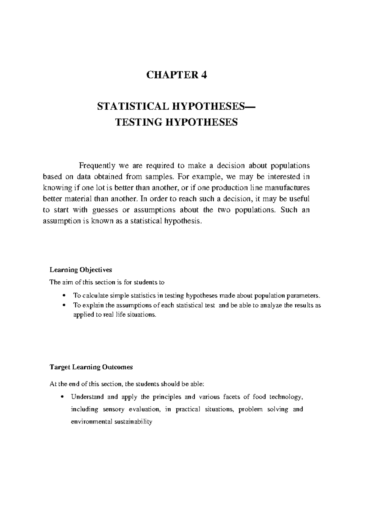 Stat - Chapter 4 - CHAPTER 4 STATISTICAL HYPOTHESES— TESTING HYPOTHESES ...