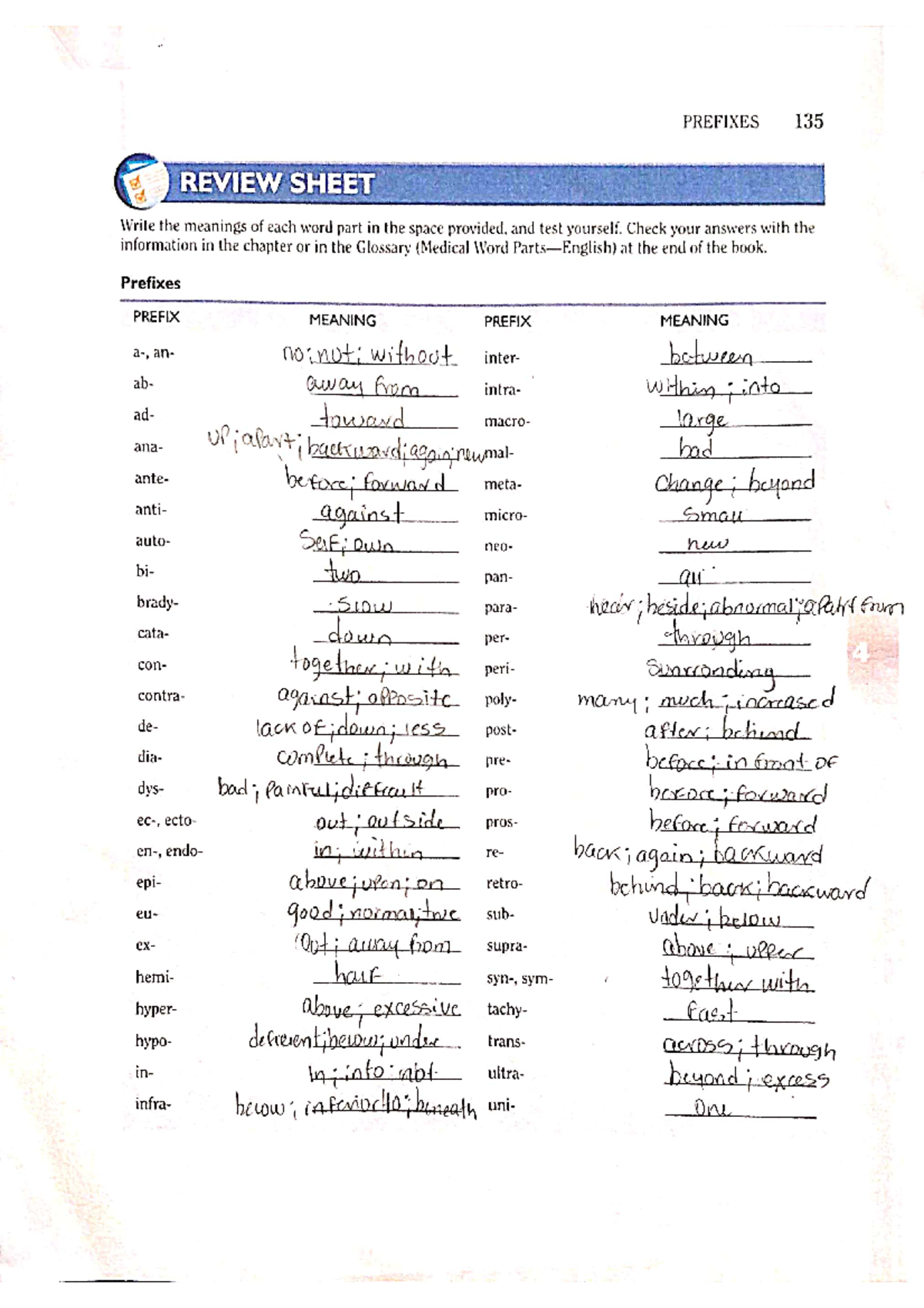Chapter #4 review sheet - PREFIXES 135 REVIEW SHEET Write the meanings ...