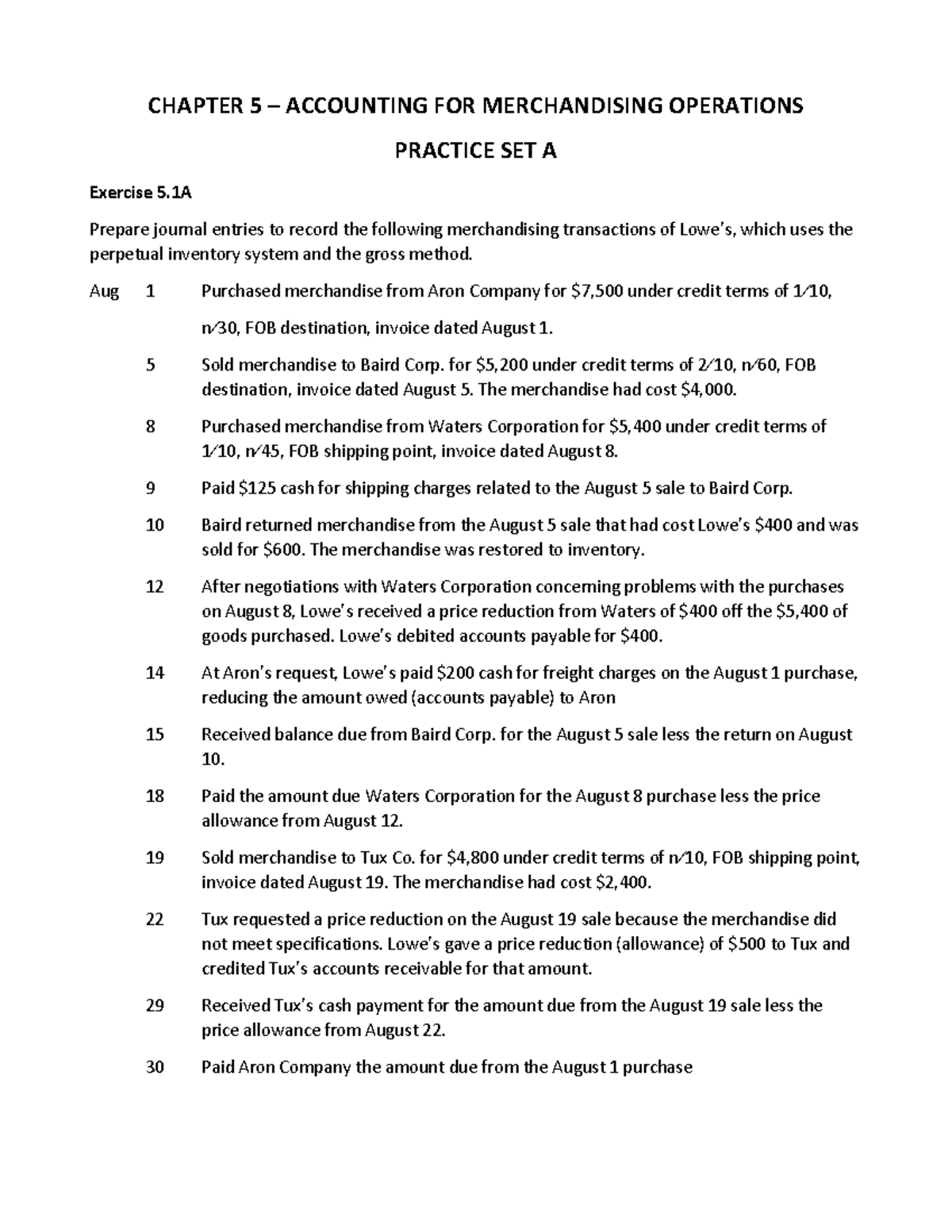 Practice Set A Chapter 5 - CHAPTER 5 – ACCOUNTING FOR MERCHANDISING ...