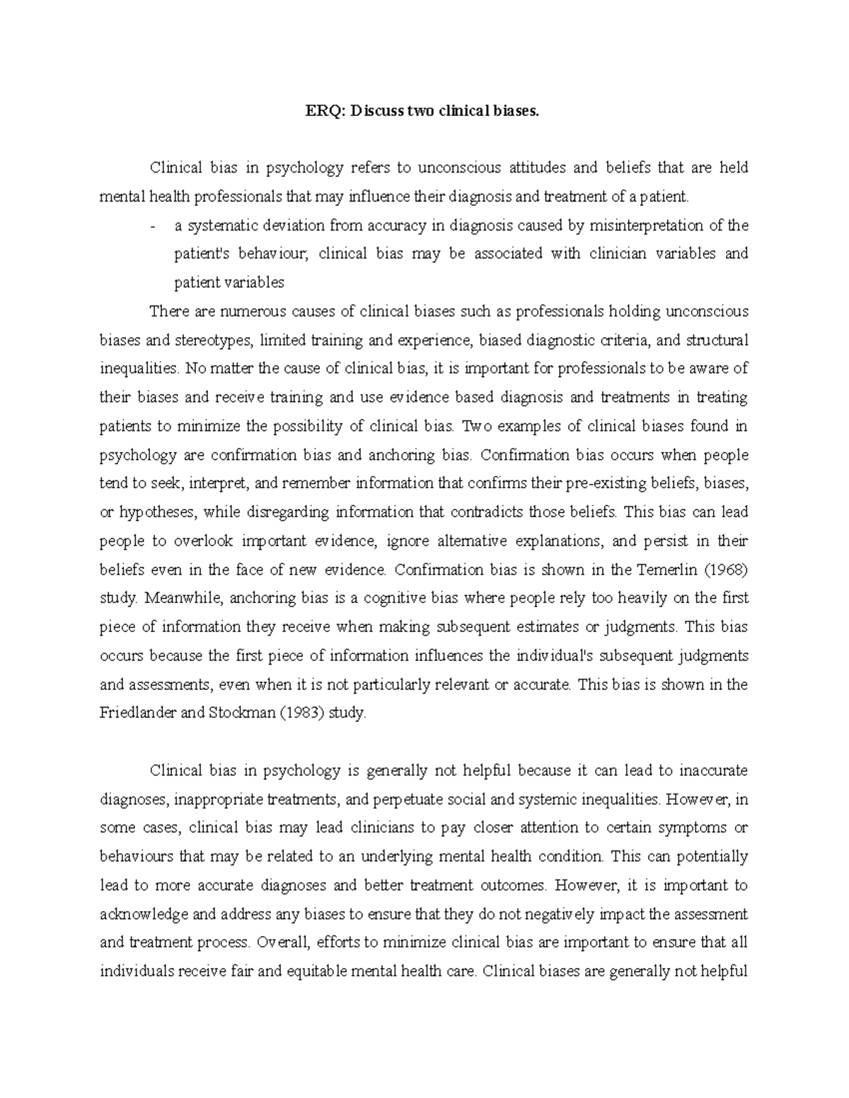 Psych erq clinical bias - ERQ: Discuss two clinical biases. Clinical ...