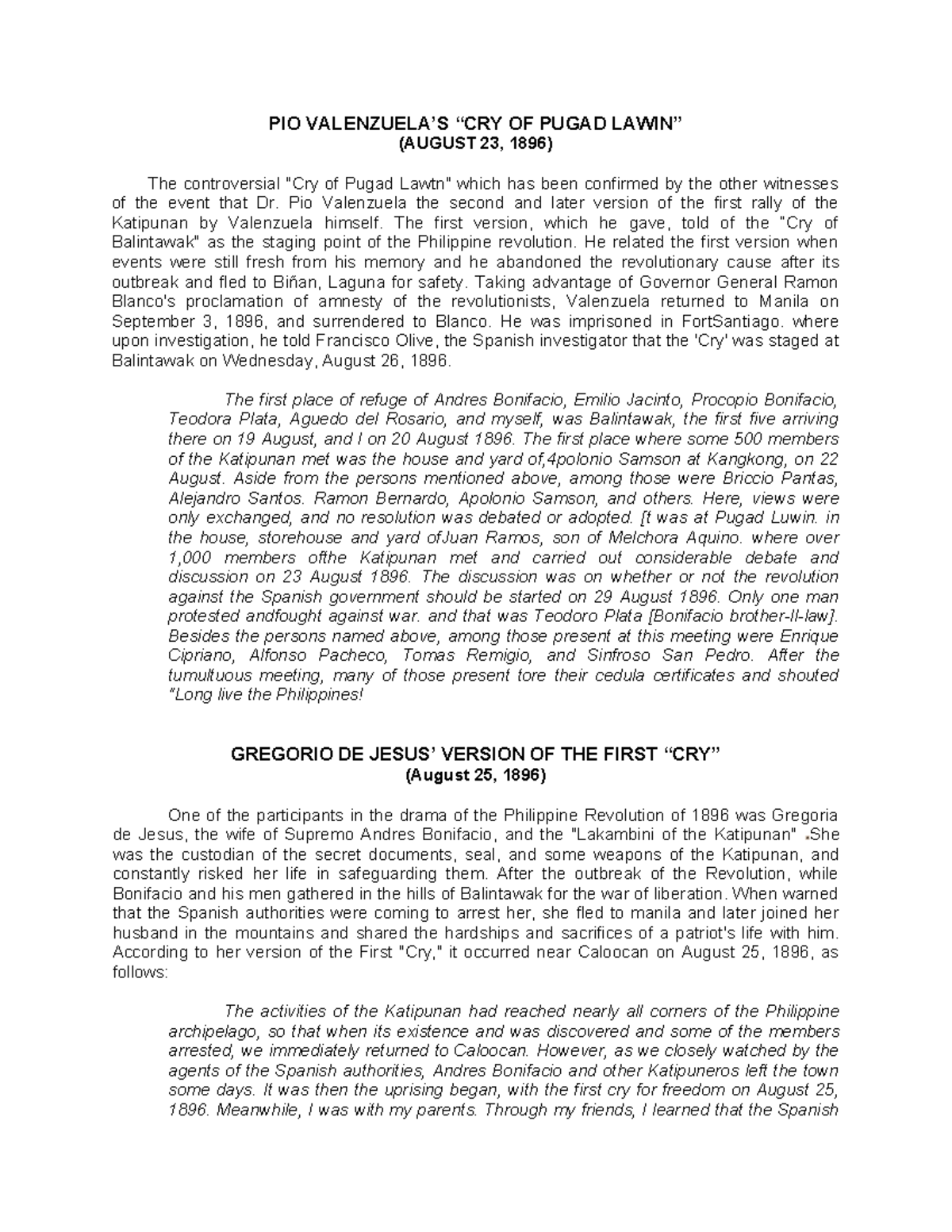 CRY-OF- Balintawak - Learning material - PIO VALENZUELA’S “CRY OF PUGAD ...