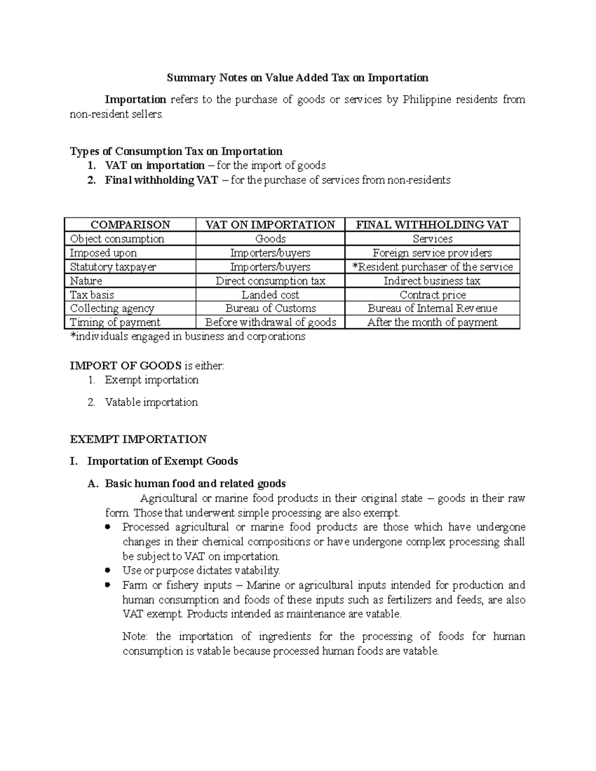 Summary Notes on Value Added Tax on Importation - Summary Notes on ...