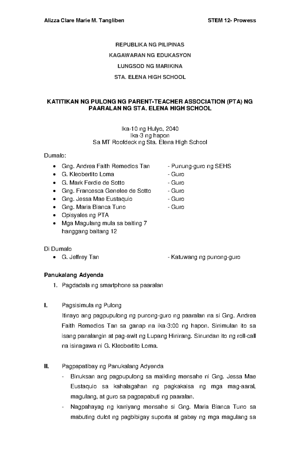 Katitikin-ng-Pulong - example - Alizza Clare Marie M. Tangliben STEM 12 ...