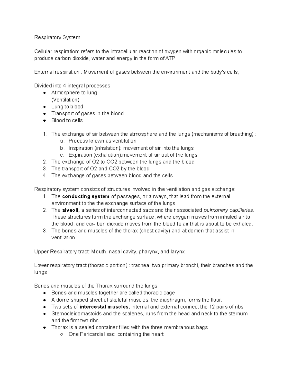 Respiration BIO203 Exam 3 notes - Respiratory System Cellular ...