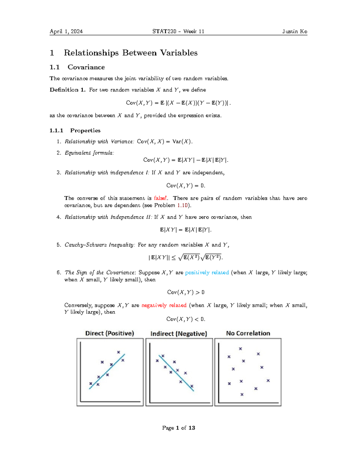 Lec11 jk - 1 Relationships Between Variables 1 Covariance The covariance measures the joint ...