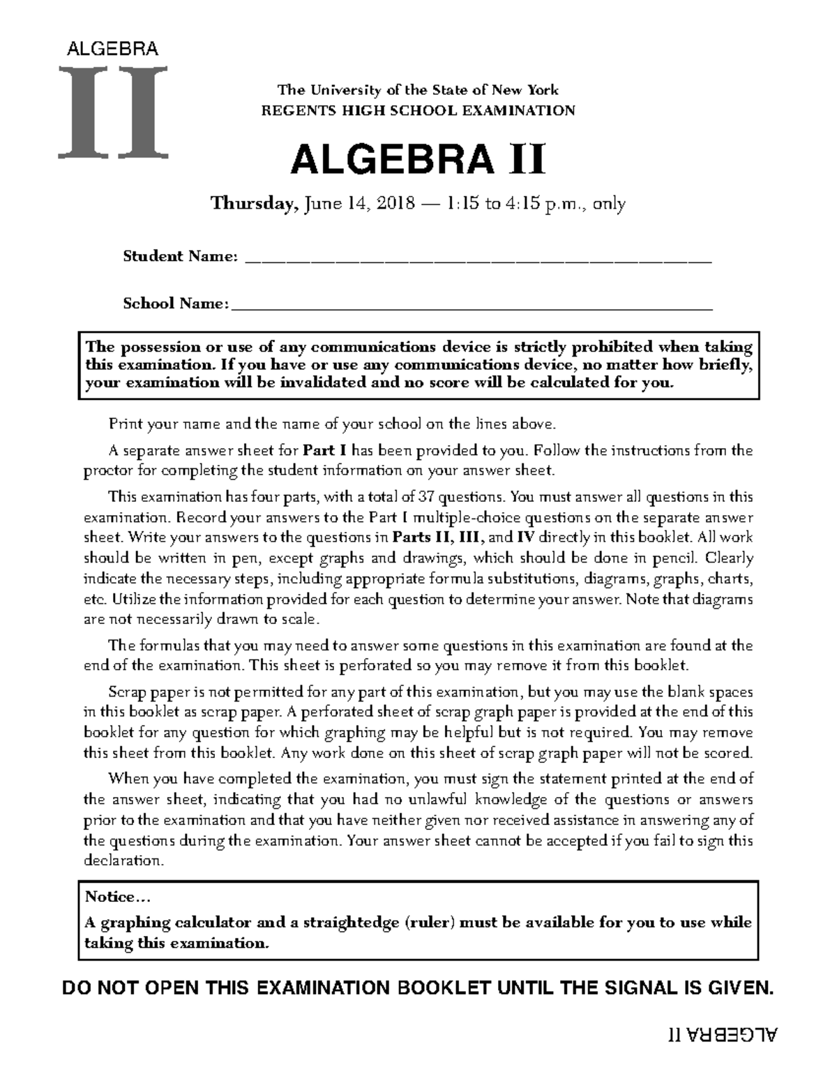 Algtwo 62018-exam - answer key to review for regents - The University ...