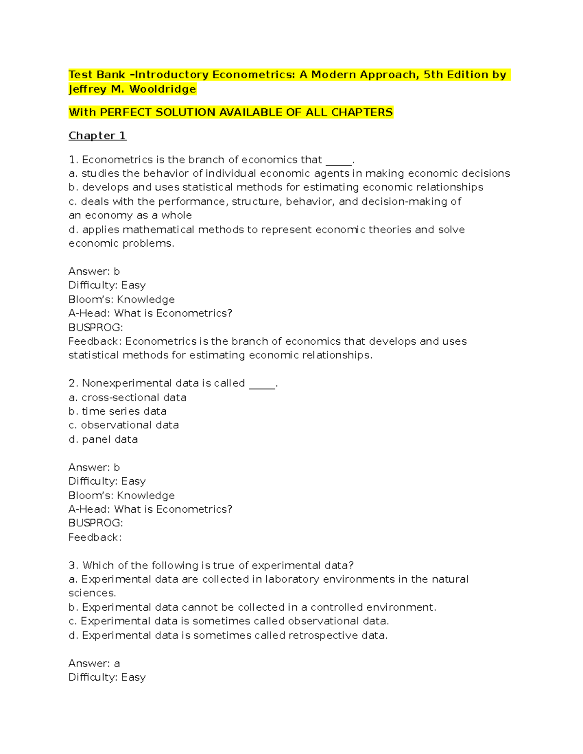 Testbank - Test Bank –Introductory Econometrics: A Modern Approach, 5th ...