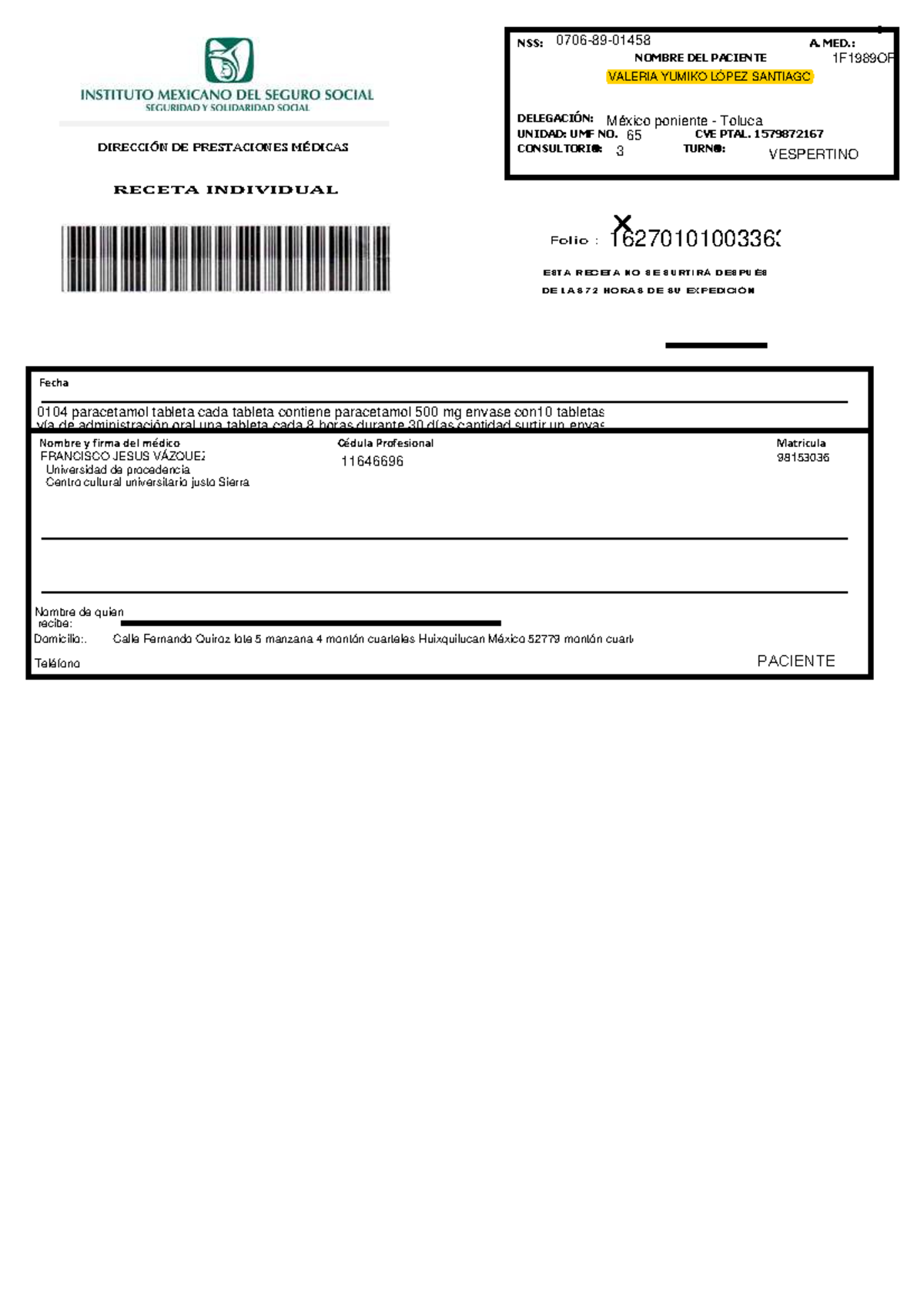 Receta-imss - Receta imss - Fecha Nombre y firma del médico Cédula ...