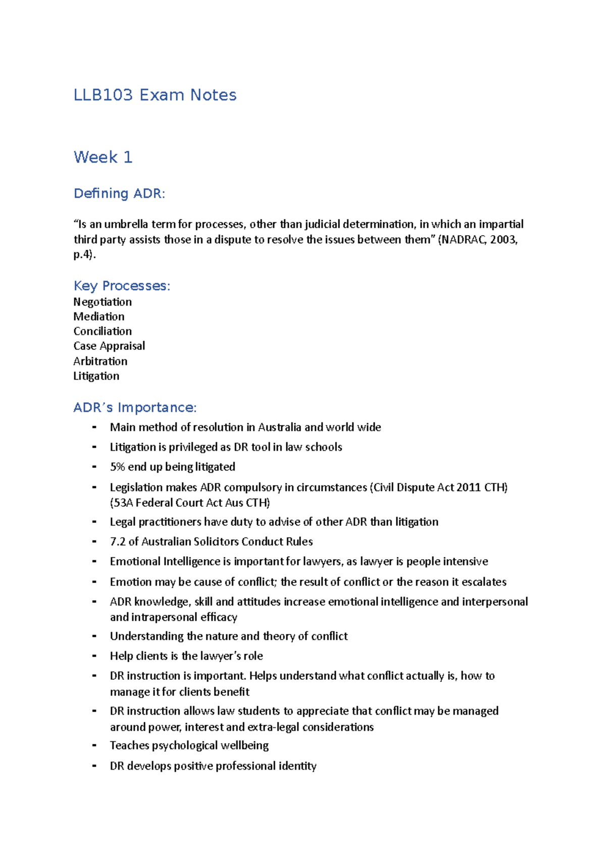 LLB103 Exam Notes - Key Processes: Negotiation Mediation Conciliation ...