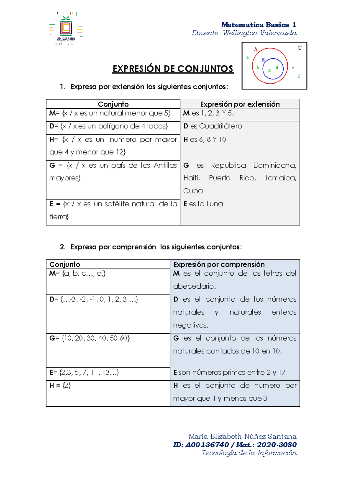 Unidad 2. Actividad 1. Entregable. Expresión de Conjuntos - Matematica Basica 1 Docente ...