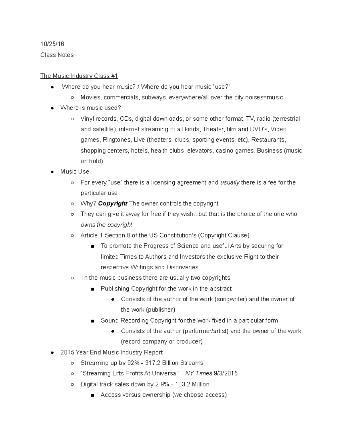 10%2F25%2F16 - Class Notes - Class Notes The Music Industry Class Where ...