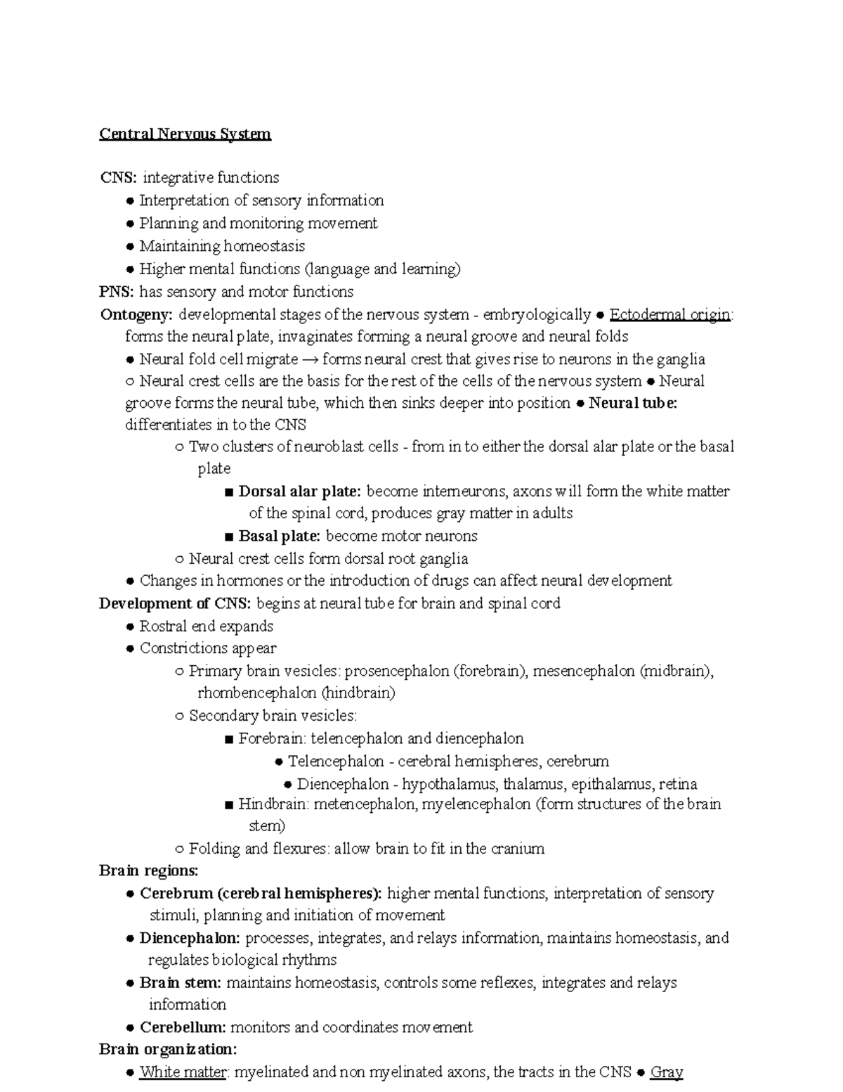 Exam 4 Study Guide - Central Nervous System CNS: integrative functions ...