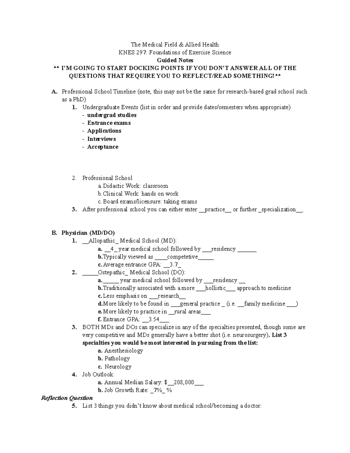 Guided Notes- The medical field & allied health - The Medical Field ...