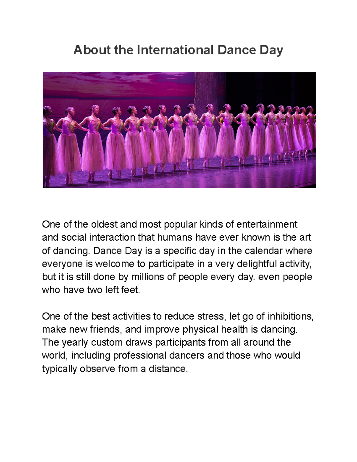 About the International Dance Day - Dance Day is a specific day in the ...