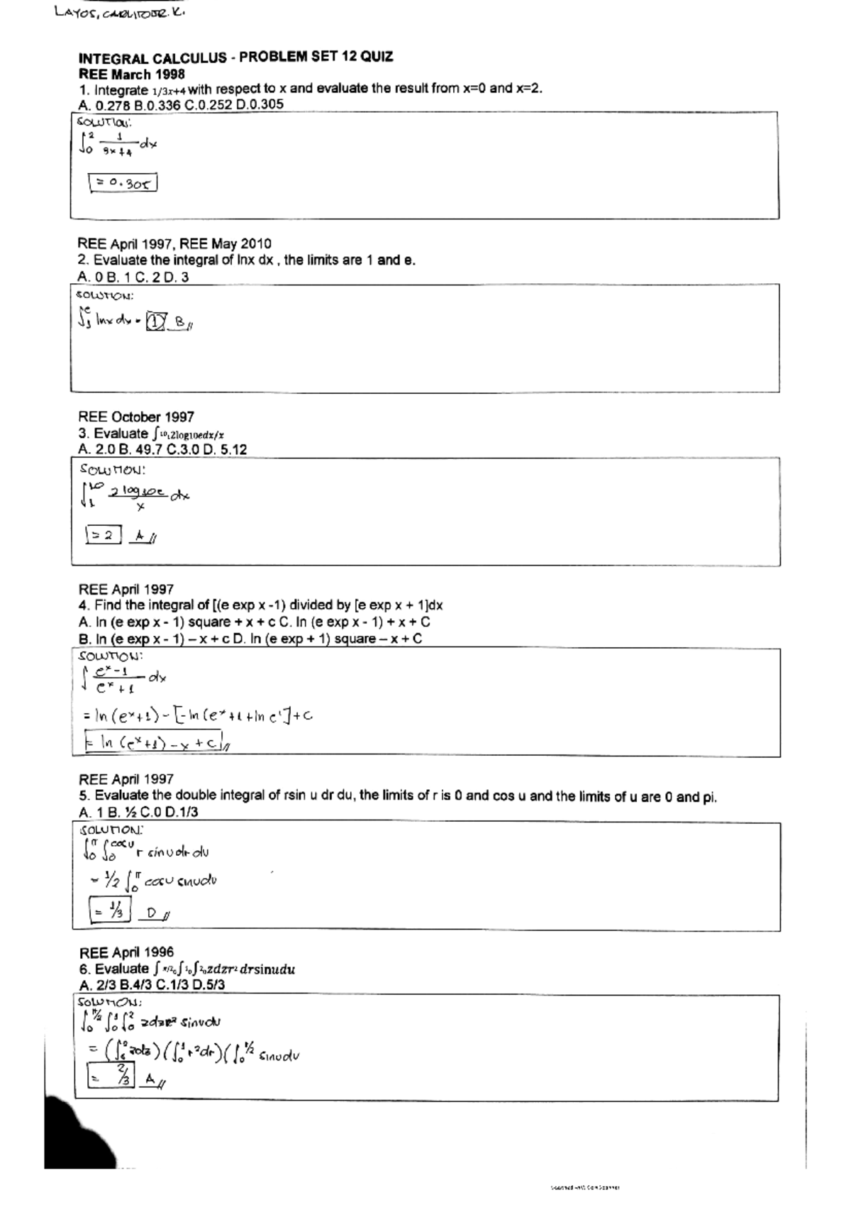 Integral Calculus-Problem Set 12 Quiz - BS Electrical Engineering ...