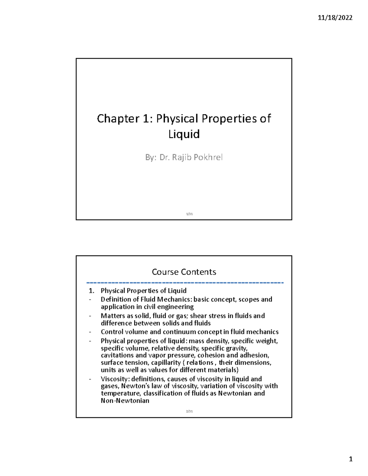 Fluid mechanics merged pu - 1/ Chapter 1: Physical Properties of Liquid ...
