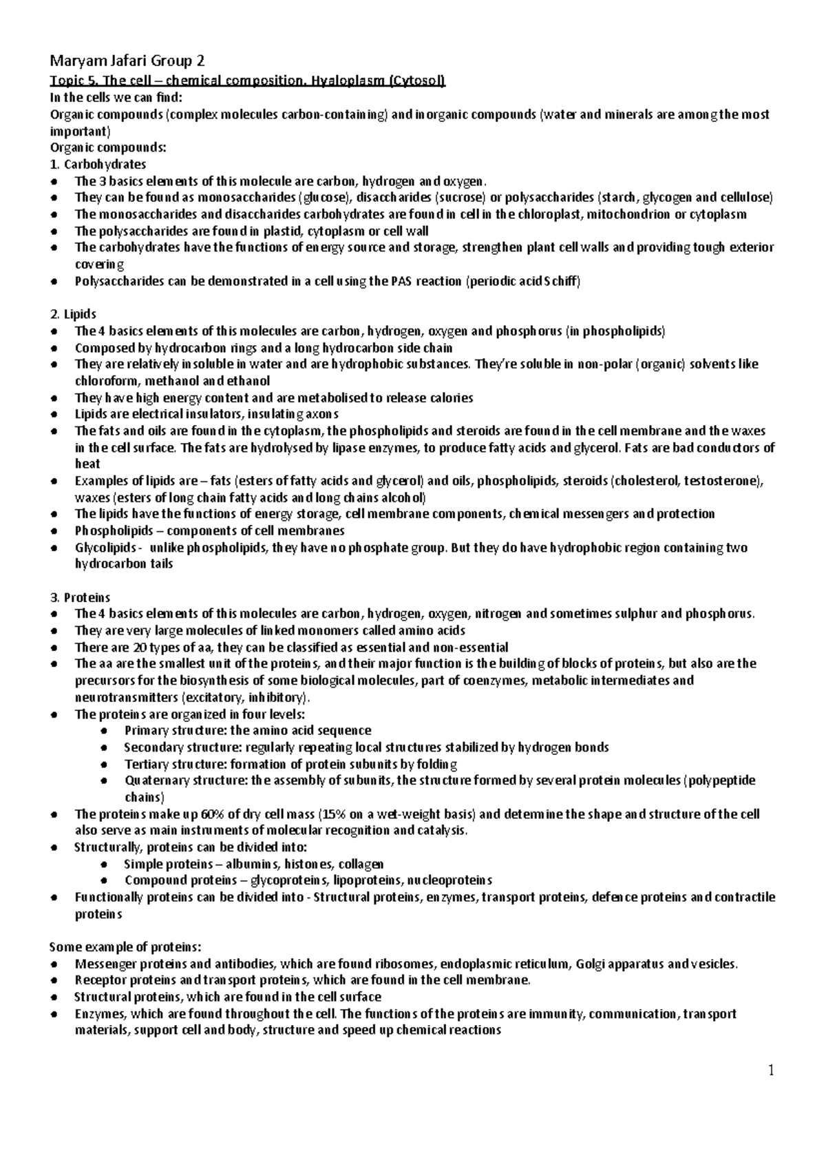 Cytology Complete Notes - Topic 5. The cell – chemical composition ...