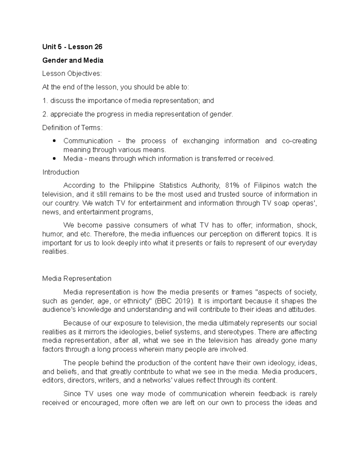 Gender and Media - Unit 5 - Lesson 26 Gender and Media Lesson ...