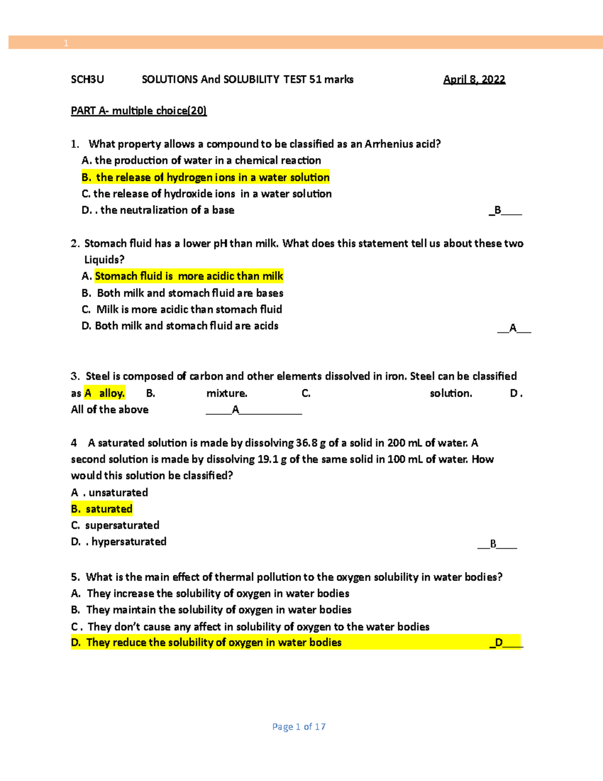 Solutions and Solubility Test Test April 2022 - SCH3U SOLUTIONS And ...