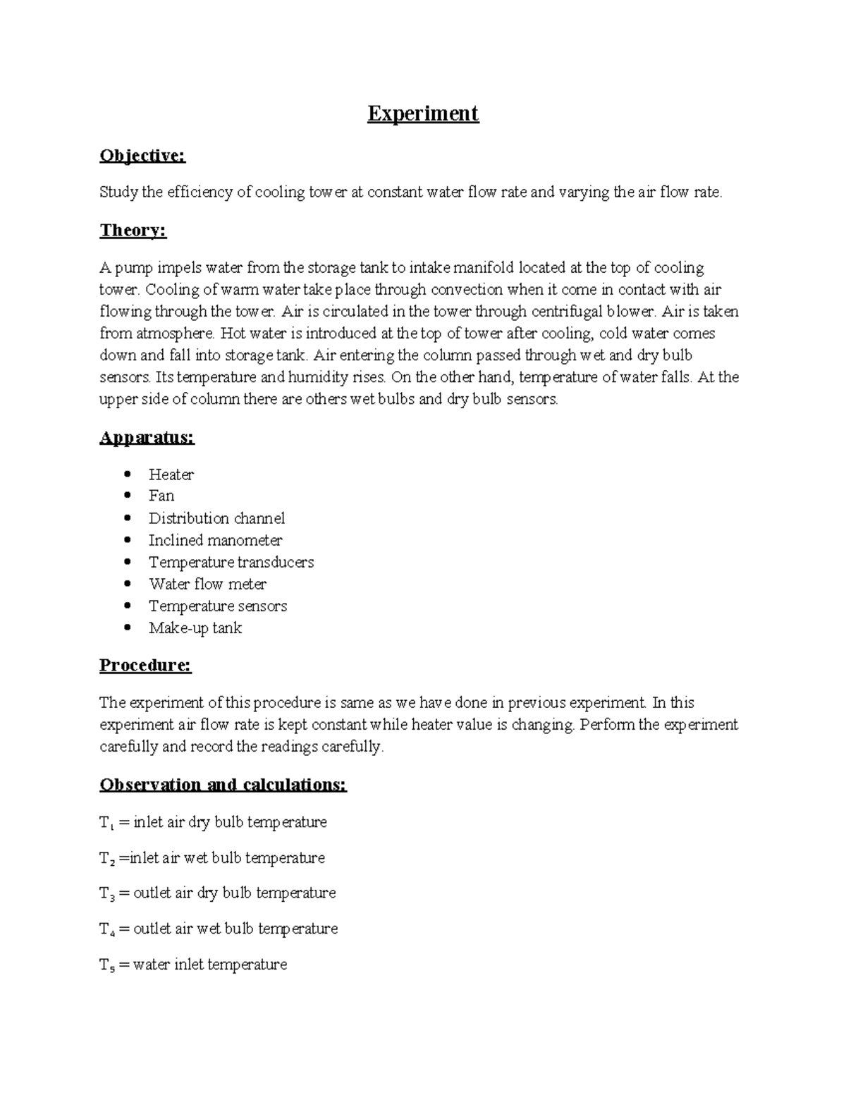 Exp 2 - Lab for the help - Experiment Objective: Study the efficiency of cooling tower at ...