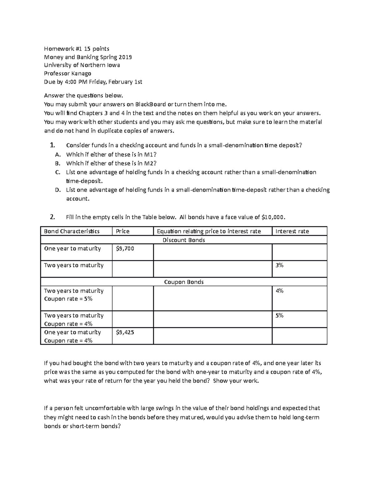 Mbhomework 1 - Money and Banking - Homework #1 15 points Money and ...