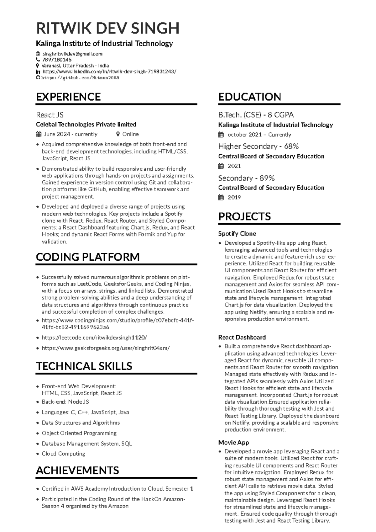 Ritwik S CV - convert the pdf in bcn format - RITWIK DEV SINGH Kalinga Institute of Industrial ...