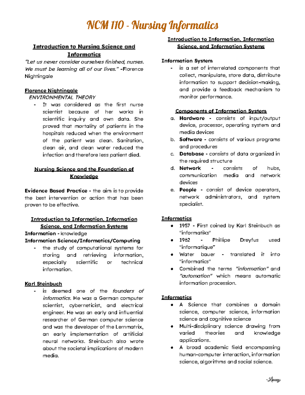 NCM-110-notes - Nursing lecture on NCM110 - Introduction to Nursing ...