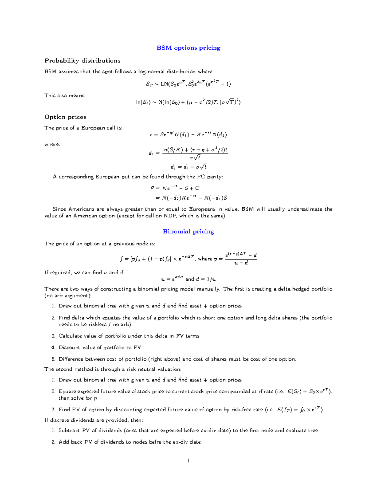 Derivs-cheat-sheet on options - BSM options pricing Probability ...