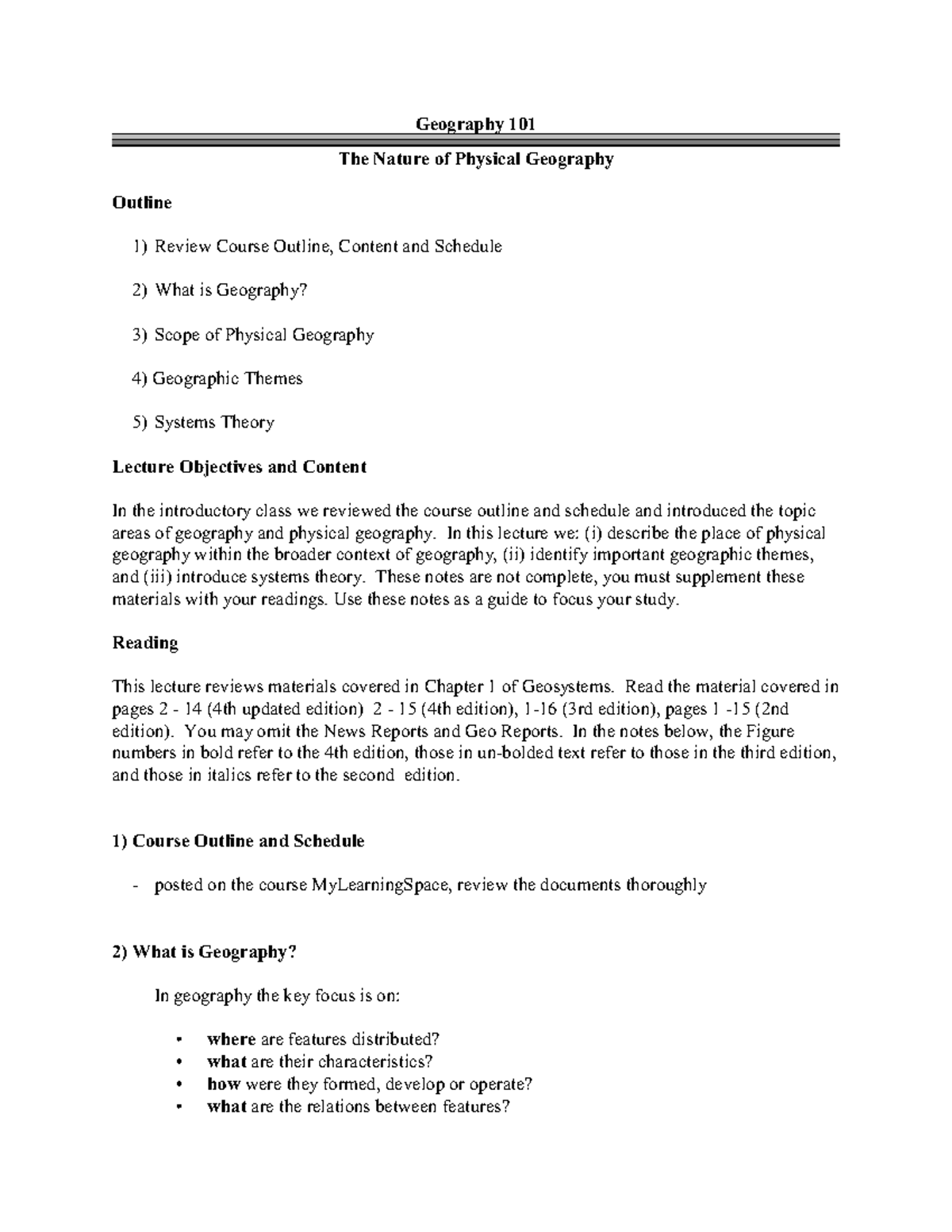 Gg101 lect1 - notes - Geography 101 The Nature of Physical Geography ...