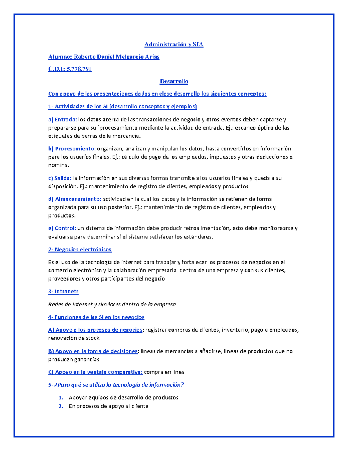 1. Administracion Tarea 10 Roberto Arias - Administración y SIA Alumno: Roberto Daniel Melgarejo ...