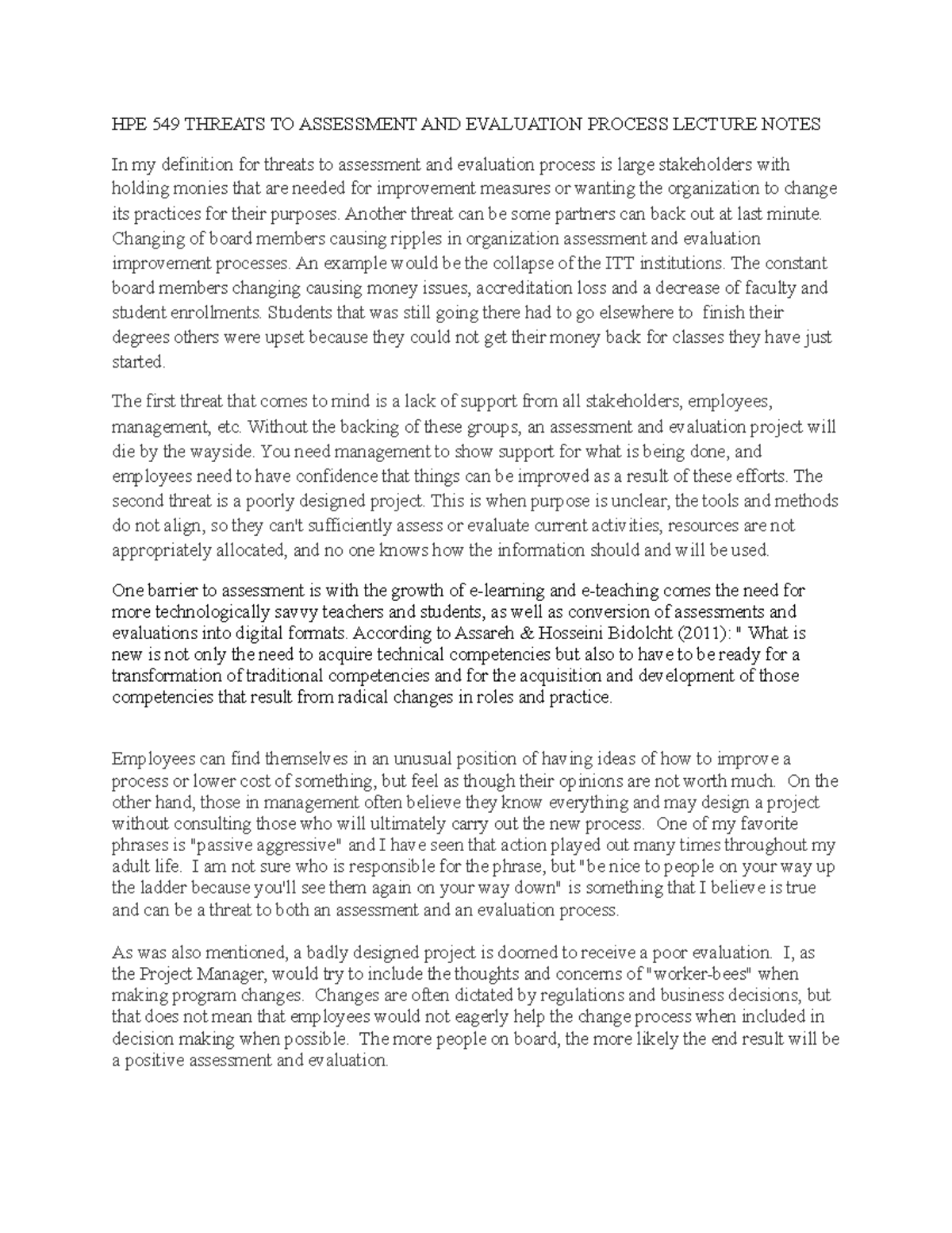 HPE 549 Threats TO Assessment AND Evaluation Process Lecture Notes ...
