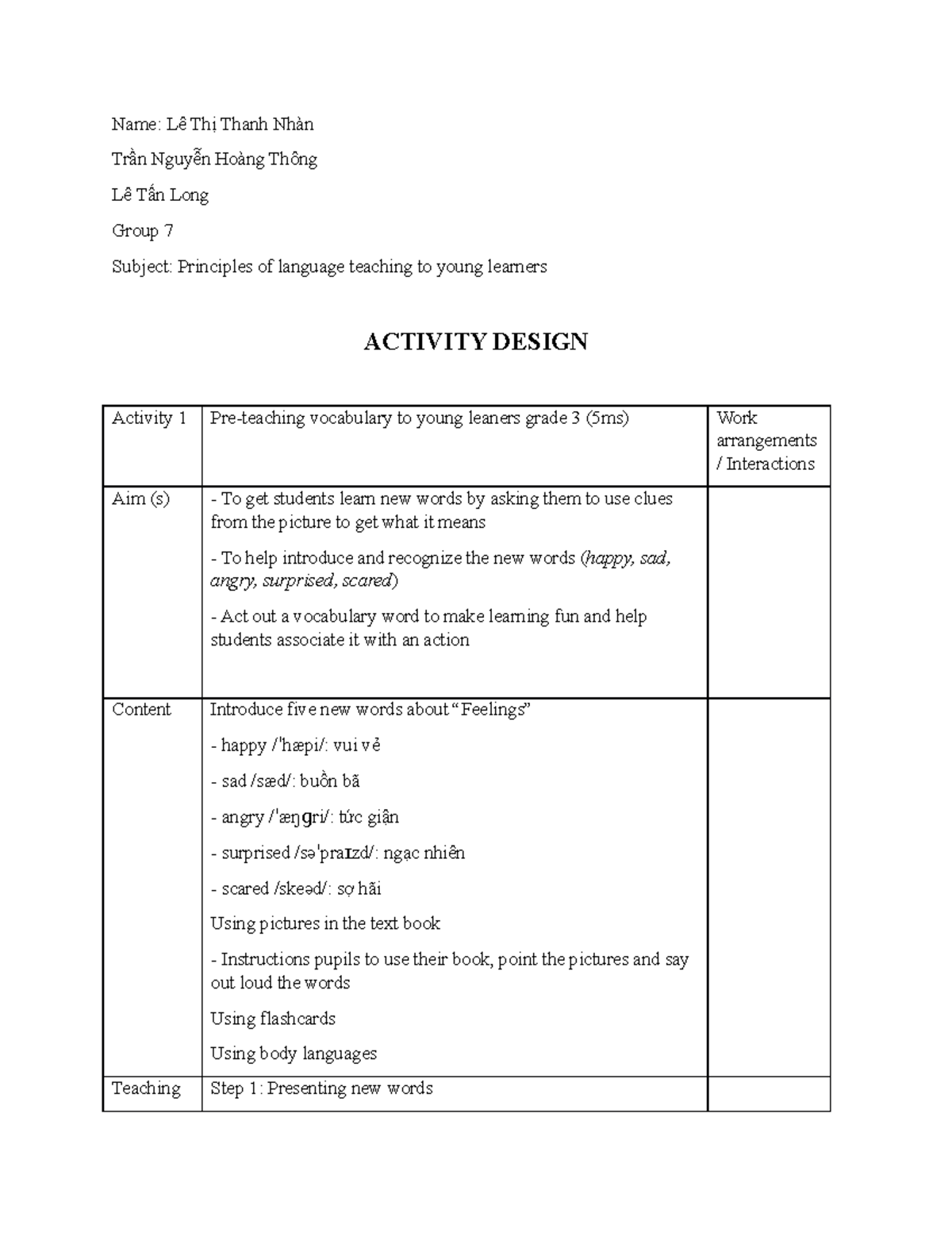 Activity design-Nhom 7 - Name: Lê Thị Thanh Nhàn Trần Nguyễn Hoàng ...