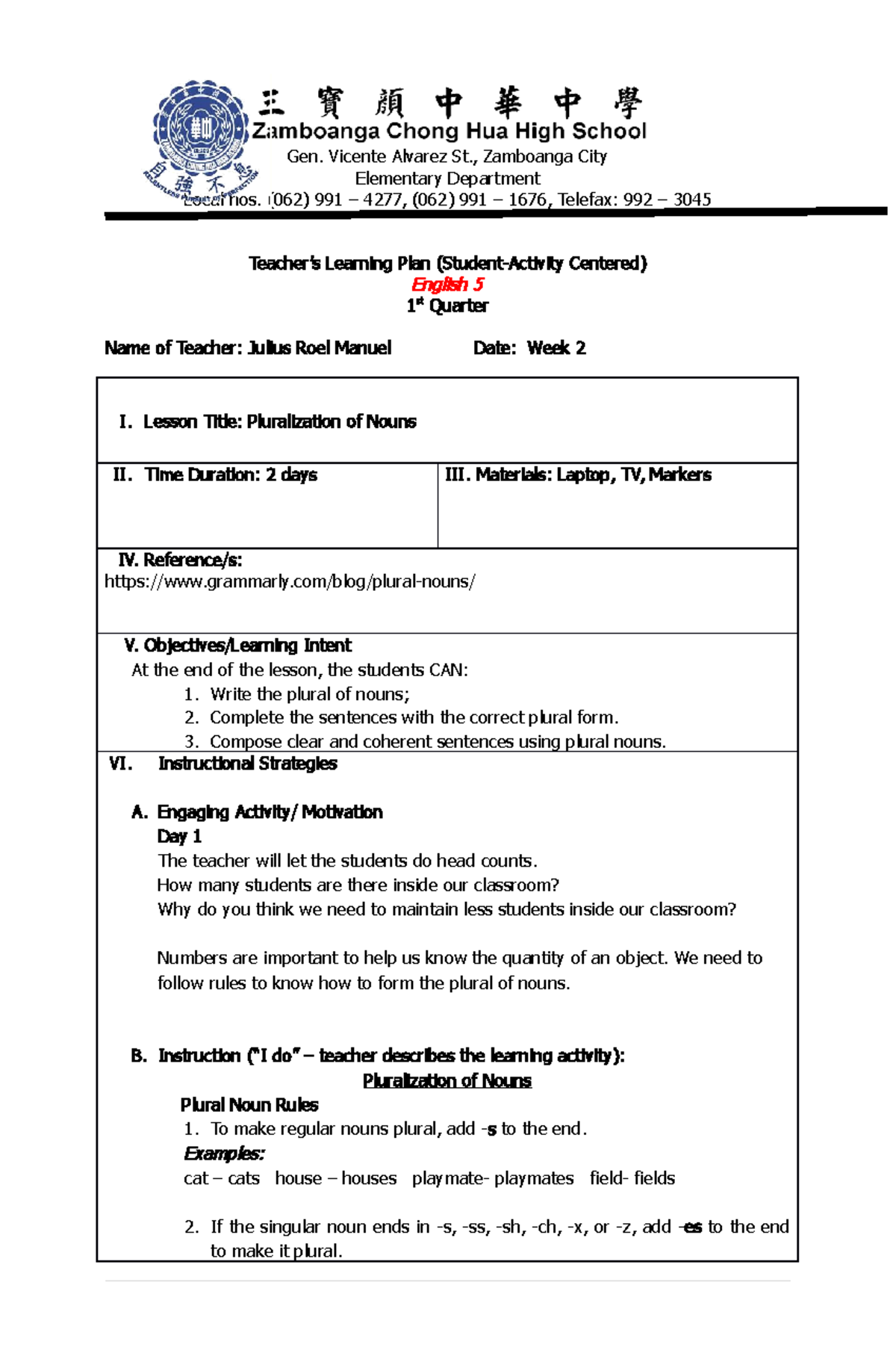 Week 2 Plural Nouns - - Studocu