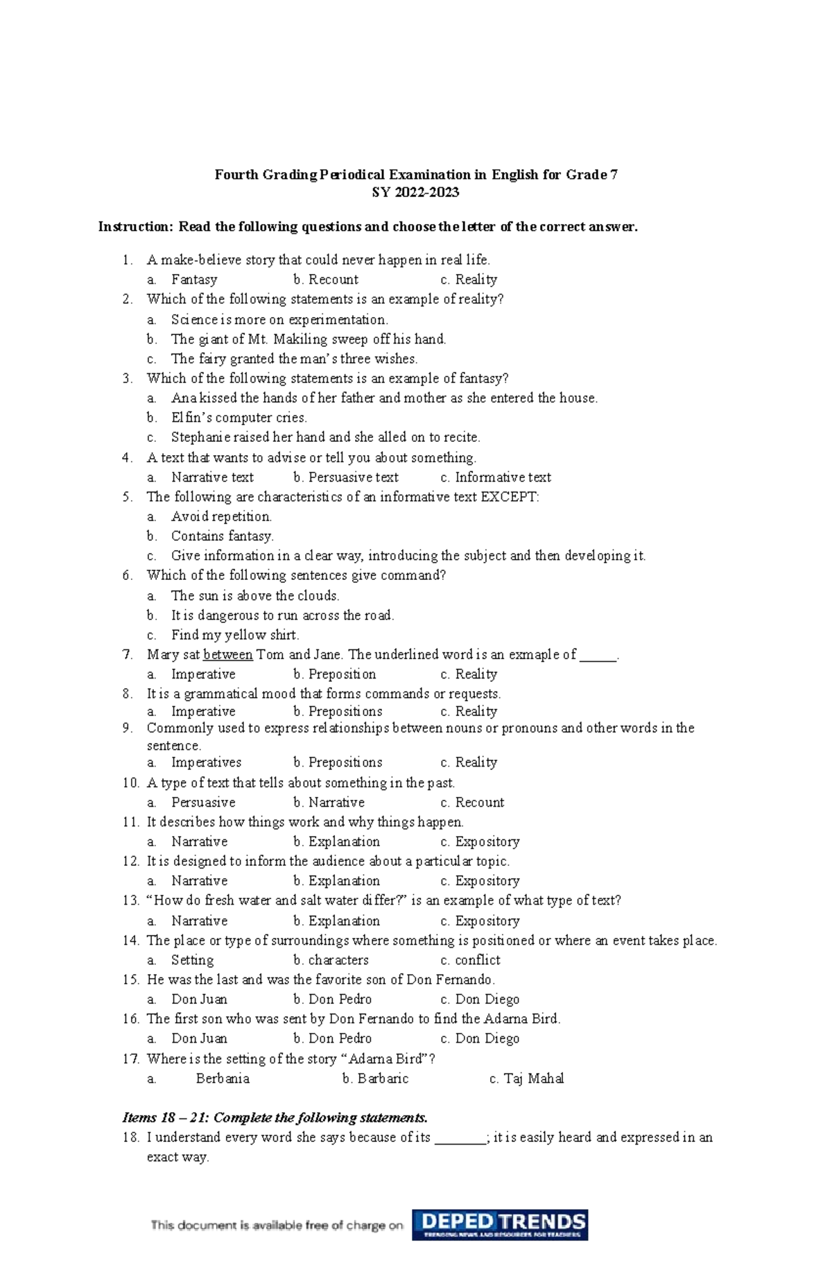 4Q-ENG-7-PT V2 - Fourth Grading Periodical Examination in English for ...