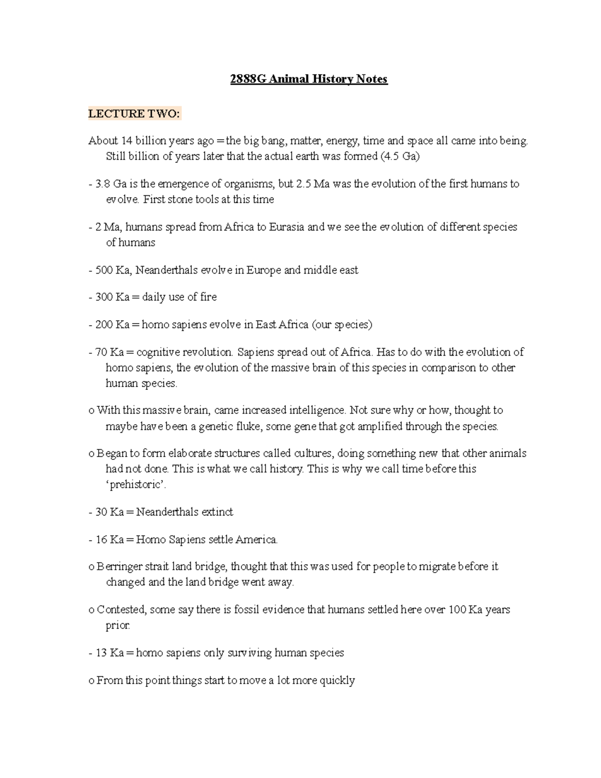 2888G Animal Hist Lectures 1-5 - 2888G Animal History Notes LECTURE TWO ...
