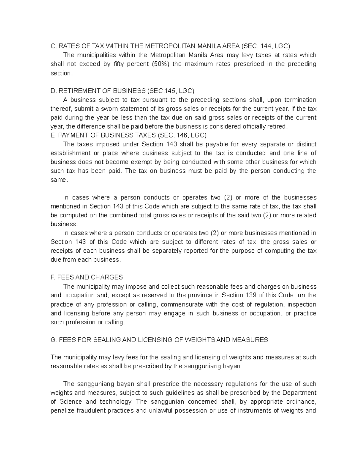 Taxation (ST 01 – Local Business TAX) Municipality Pt - C. RATES OF TAX ...