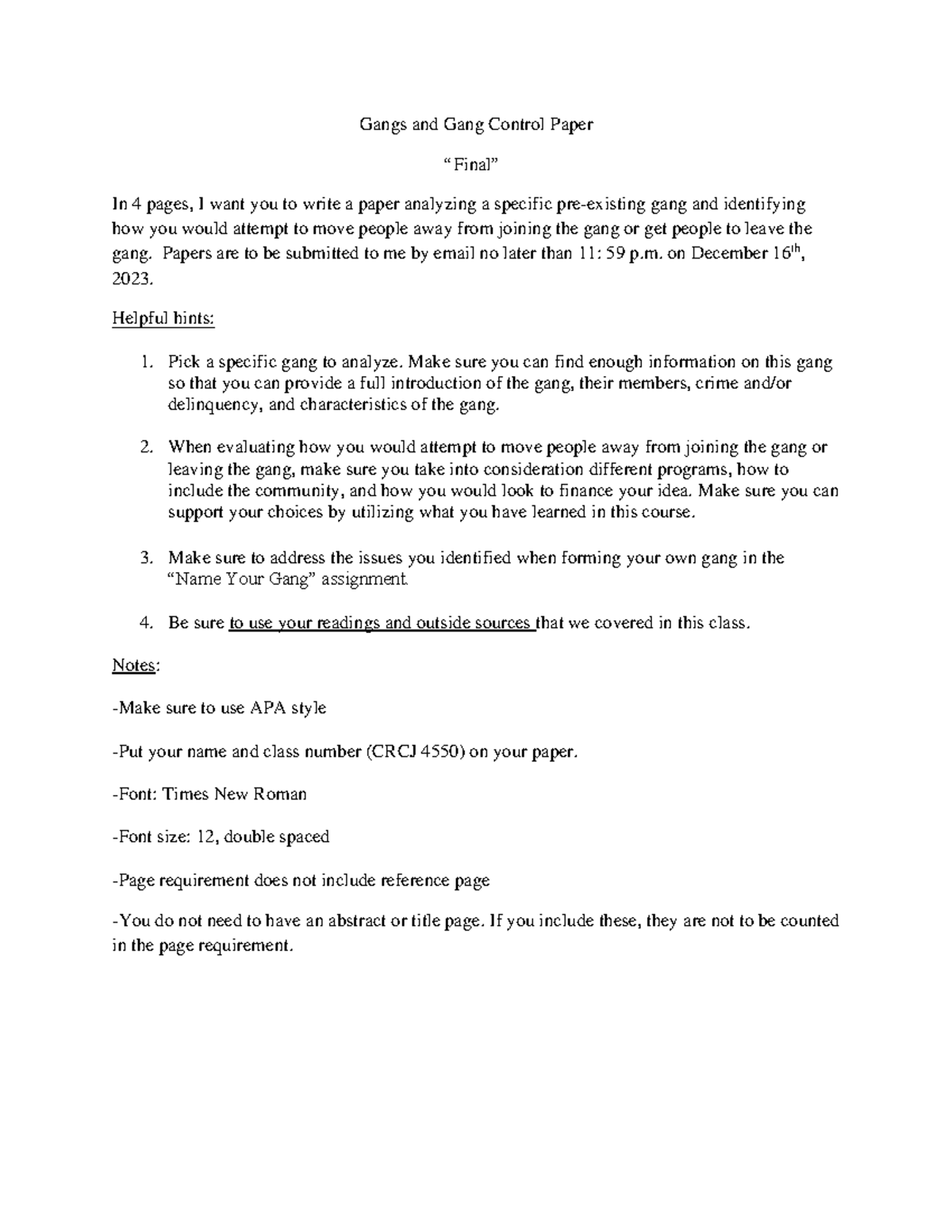 Gang and Gang Control Final Guide and Grading Rubric - Gangs and Gang ...