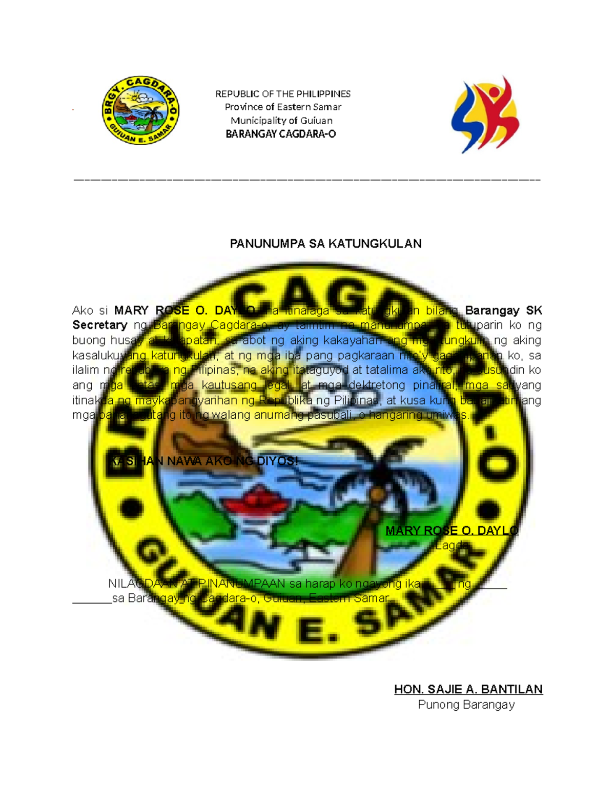 Panunumpa-SK-SEC - REPUBLIC OF THE PHILIPPINES Province of Eastern ...