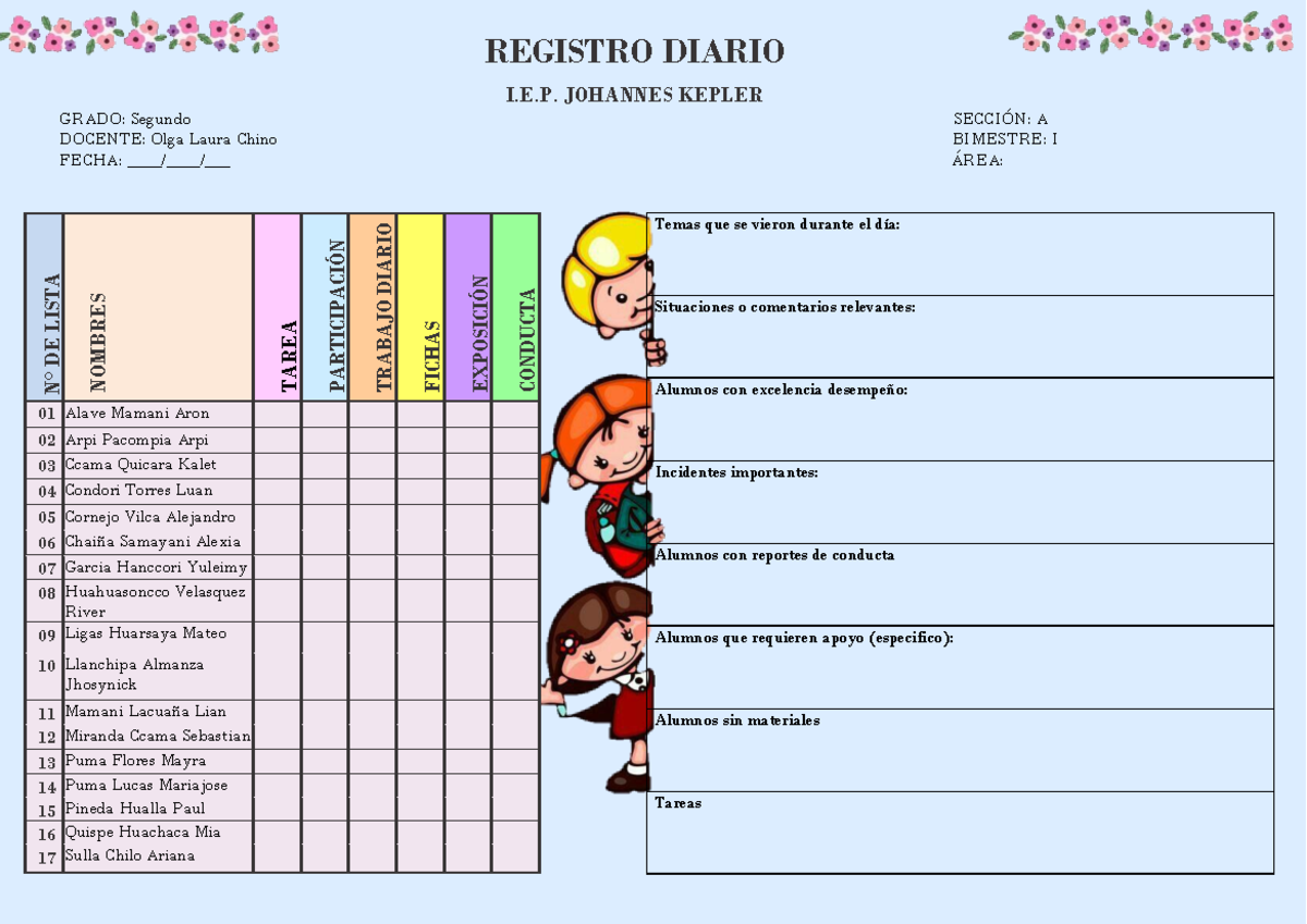 Registro Diario - REGISTRO DIARIO I.E. JOHANNES KEPLER GRADO: Segundo ...
