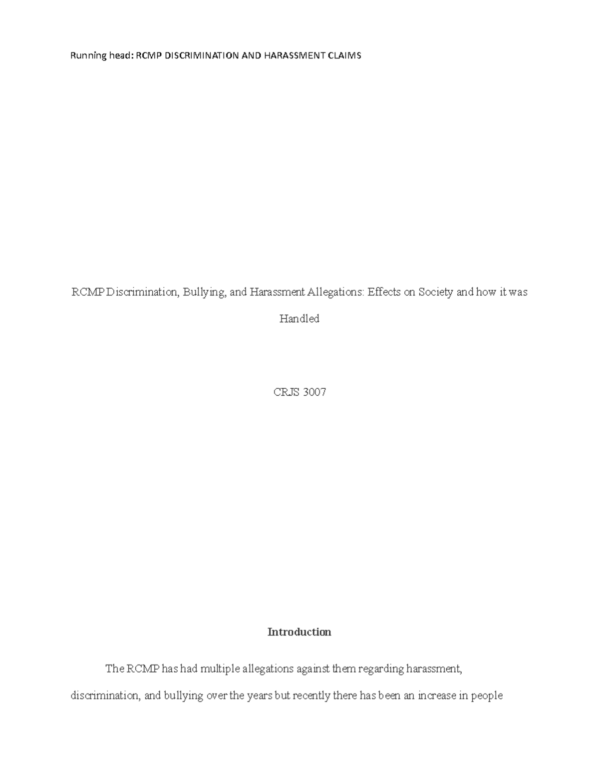 RCMP Discrimination - Running head: RCMP DISCRIMINATION AND HARASSMENT ...