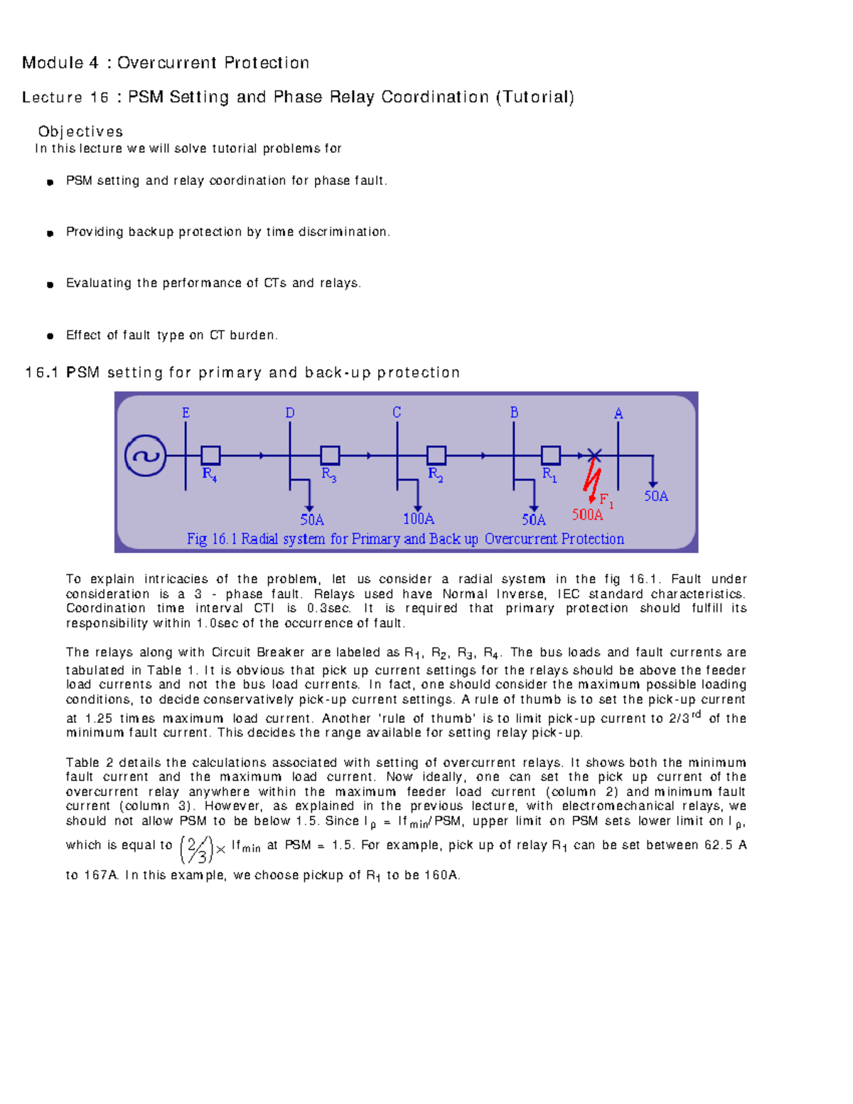 Lecture 16 Overcurrent Protection Psm Setting And Phase Relay