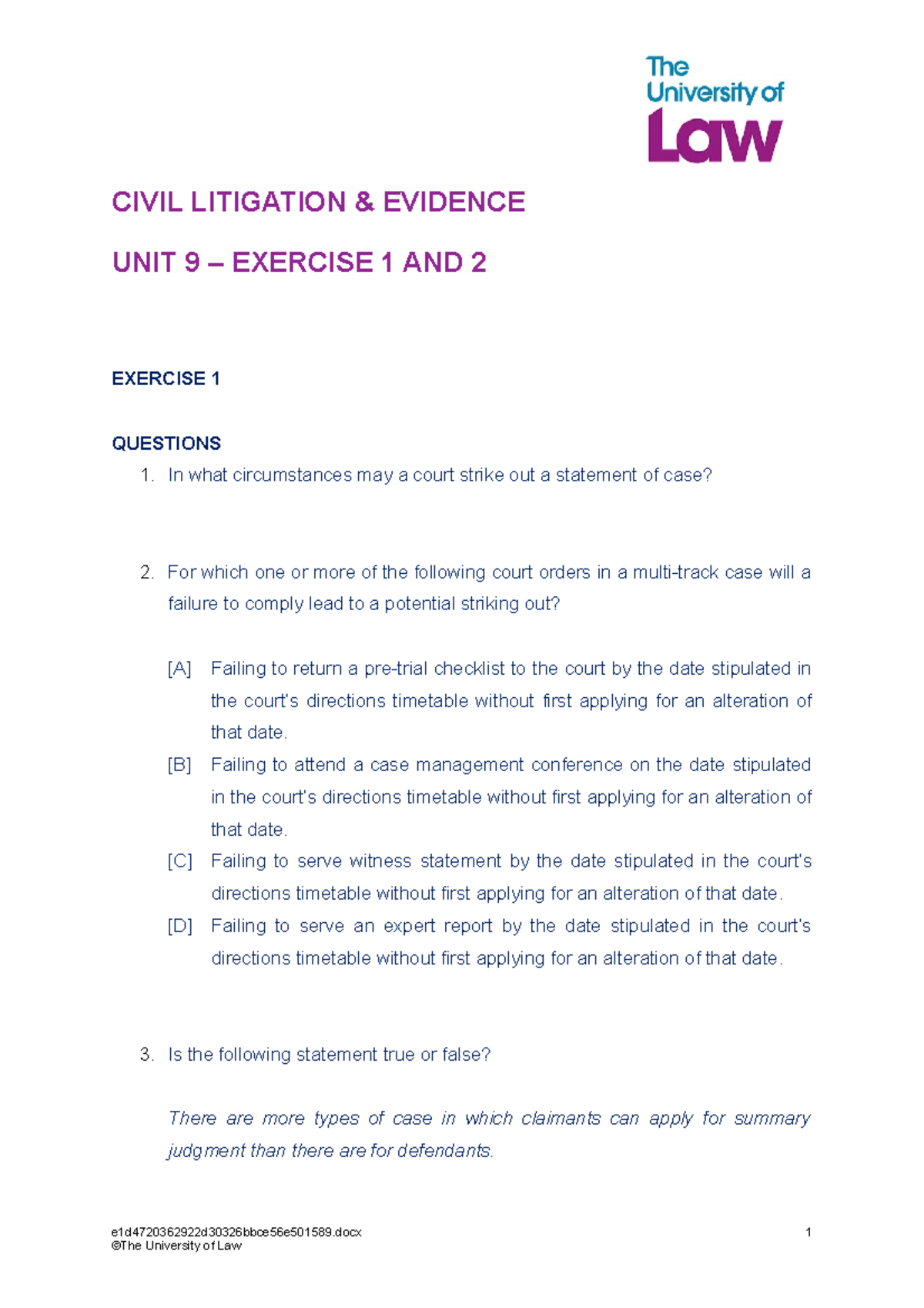 2223 civ unit09 ce01 exercise 1 and 2 - CIVIL LITIGATION & EVIDENCE ...